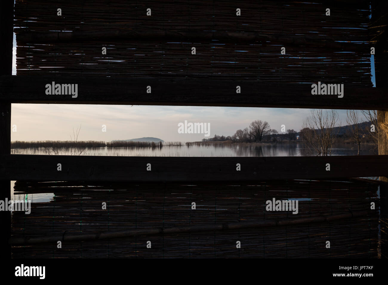A beautiful lake view as seen through a slim opening in a reed panel ...