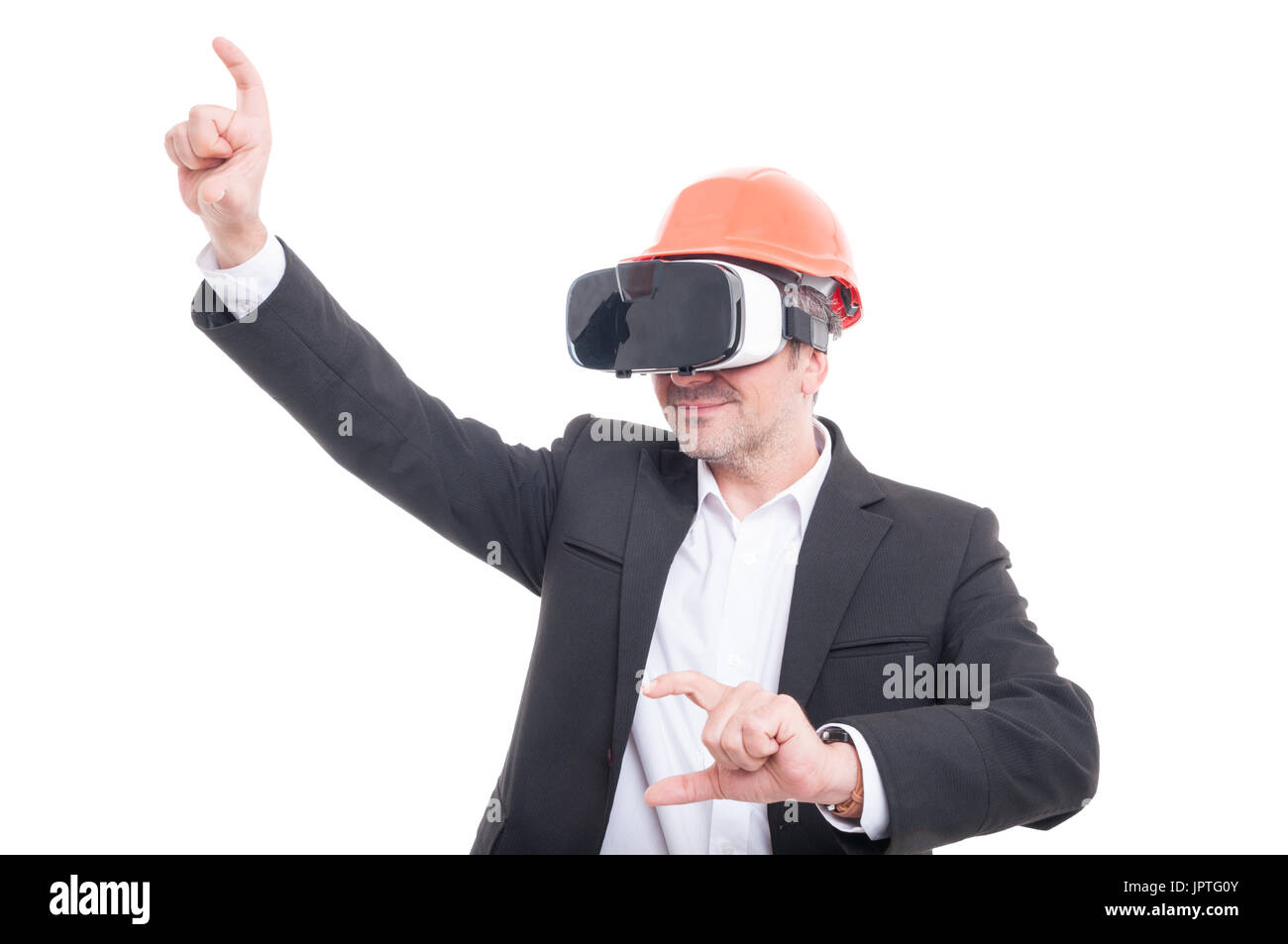 Foreman gesturing wearing virtual reality goggles and hardhat isolated ...