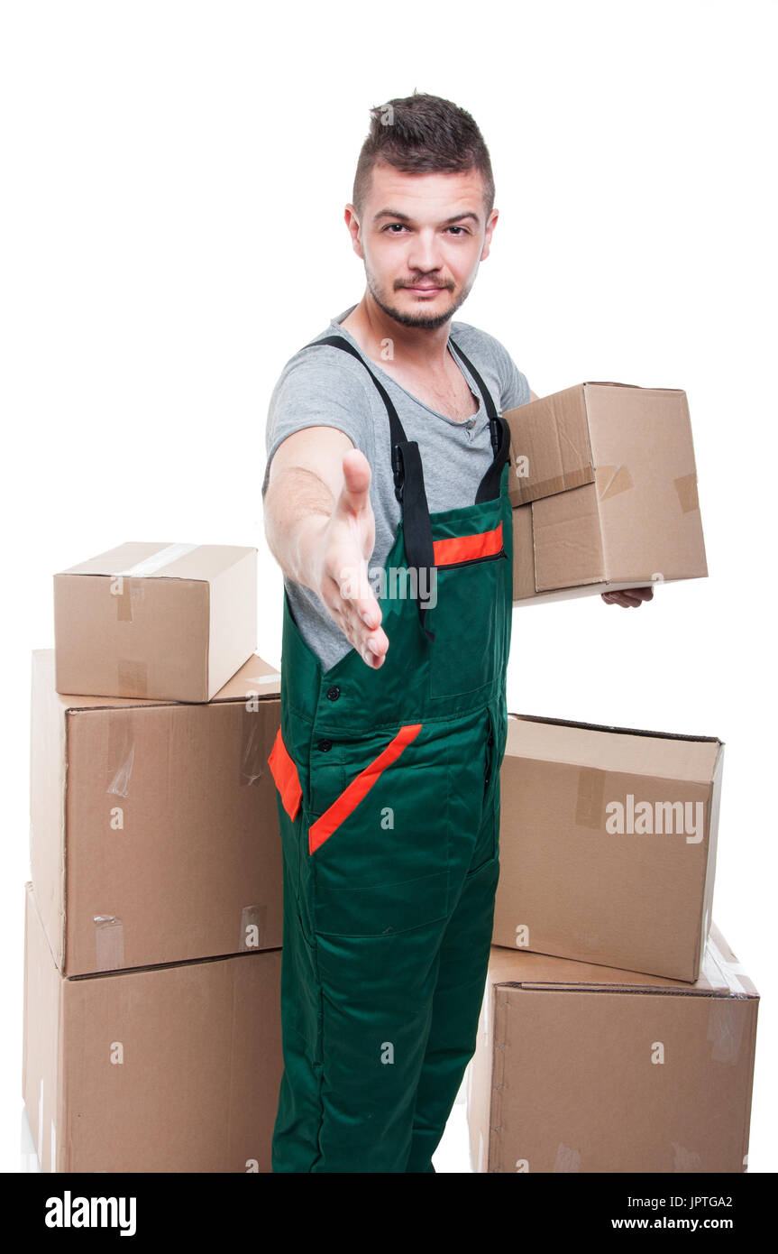 Mover guy holding cardboard box offering hand shakeMover guy holding ...