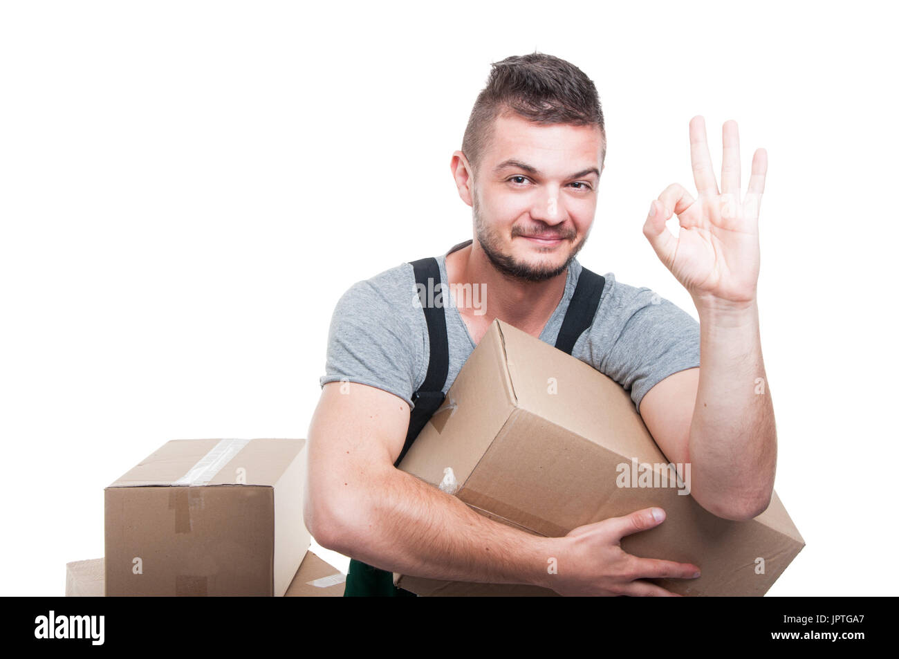 Mover guy holding cardboard box showing okay gesture and smiling ...