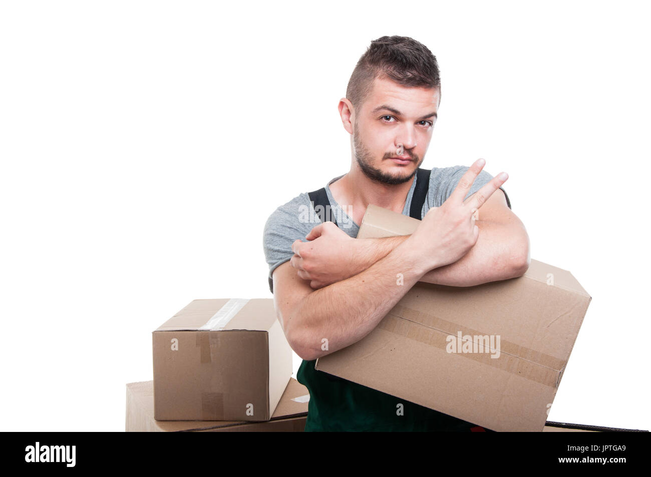 Mover guy holding cardboard box showing number two isolated on white ...