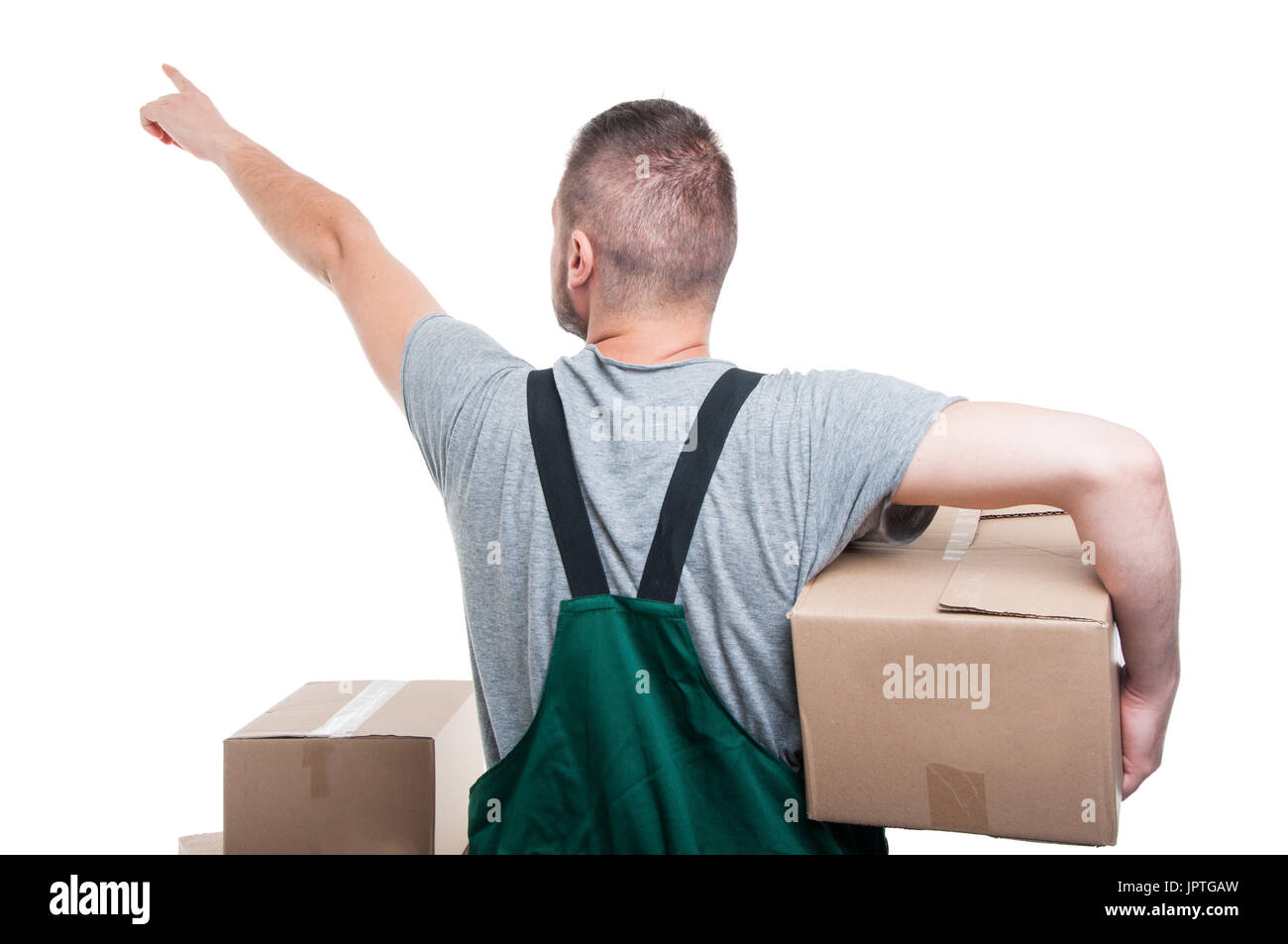 Back view of mover guy holding box pointing up isolated on white ...