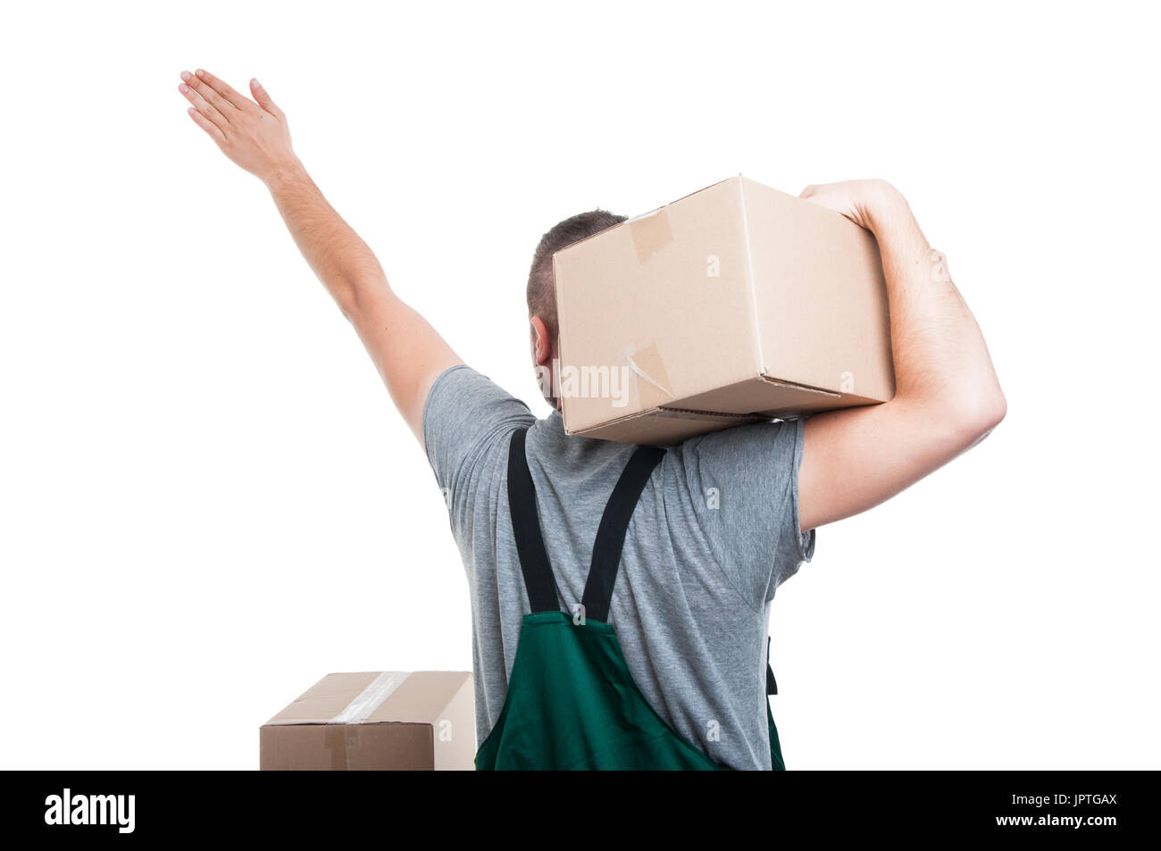 Back view of mover guy holding box showing direction with one hand up ...