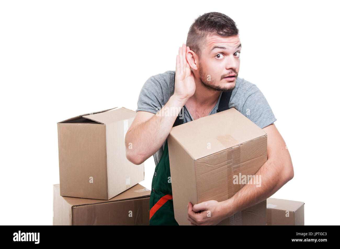 Mover guy holding cardboard box making can't hear gesture isolated on ...