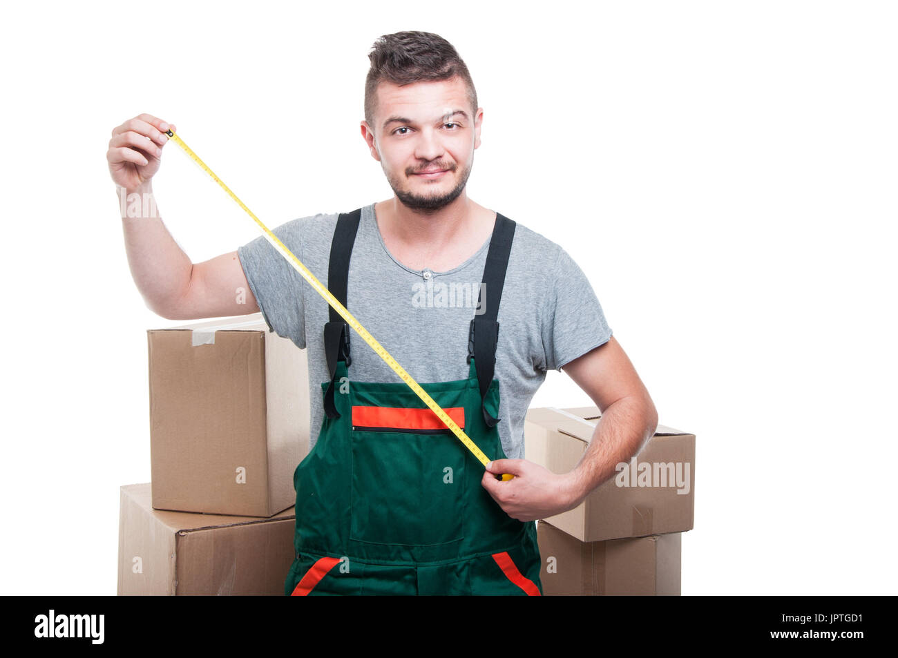 Mover guy with boxes around showing ruler tape isolated on white ...