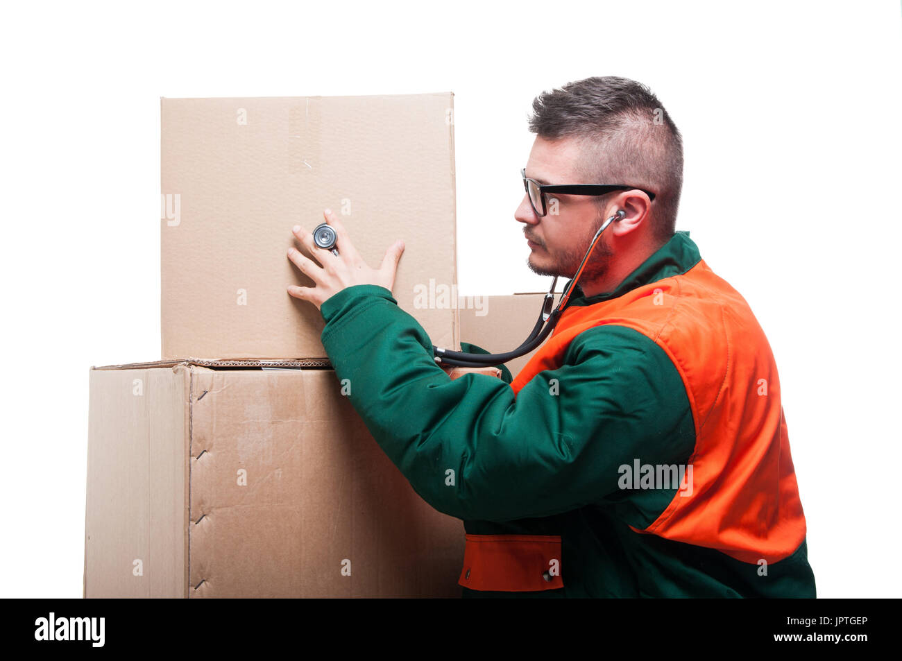 Man checking with stethoscope cardboard box isolated on white ...