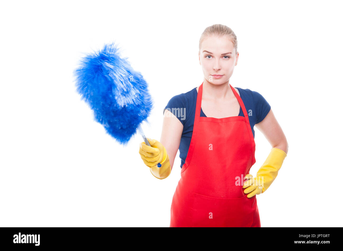 Young beautiful maid dusting on white background in cleaning uniform Stock Photo - Alamy