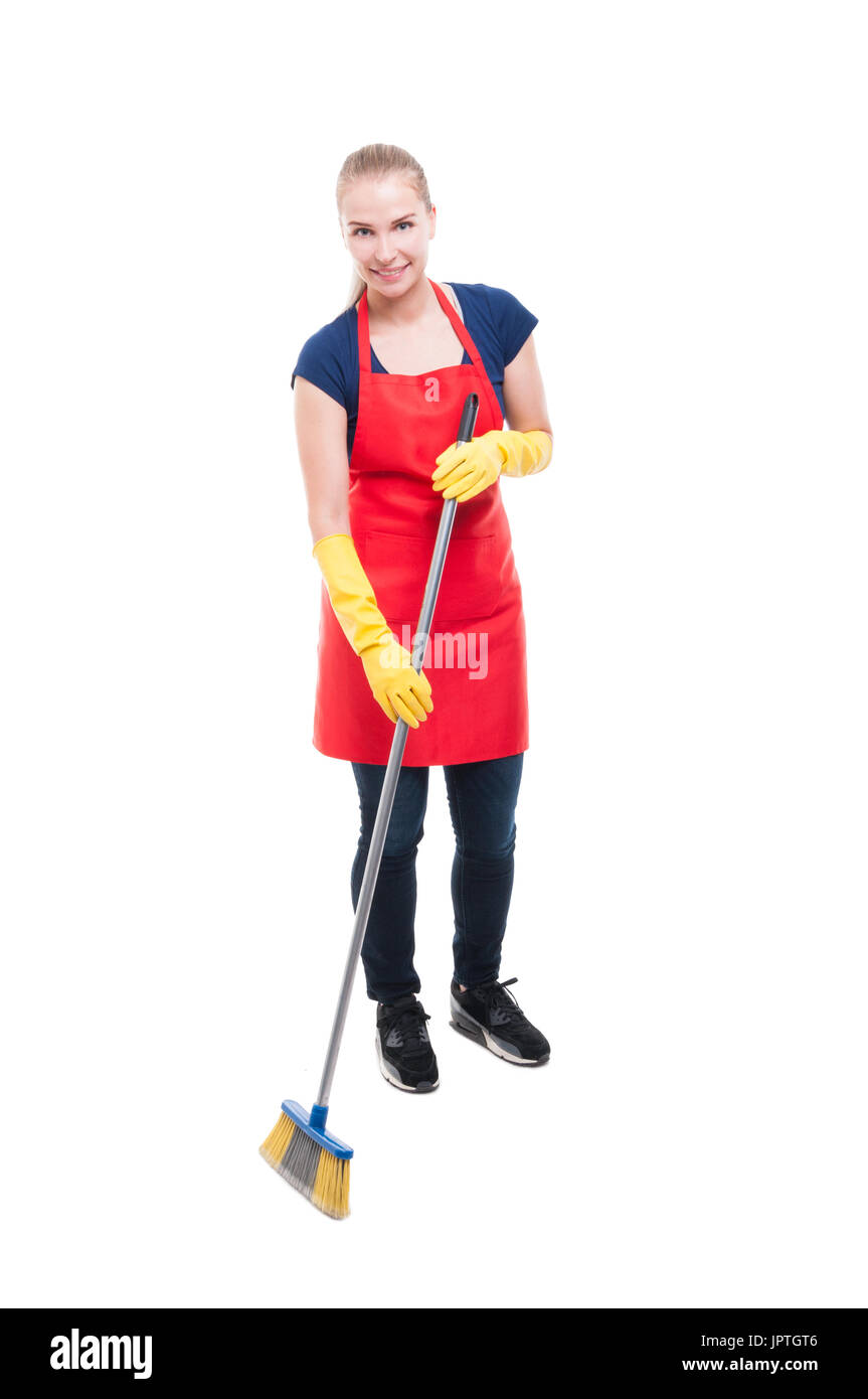 Beautiful housekeeper sweeping the floor and doing the chores isolated ...