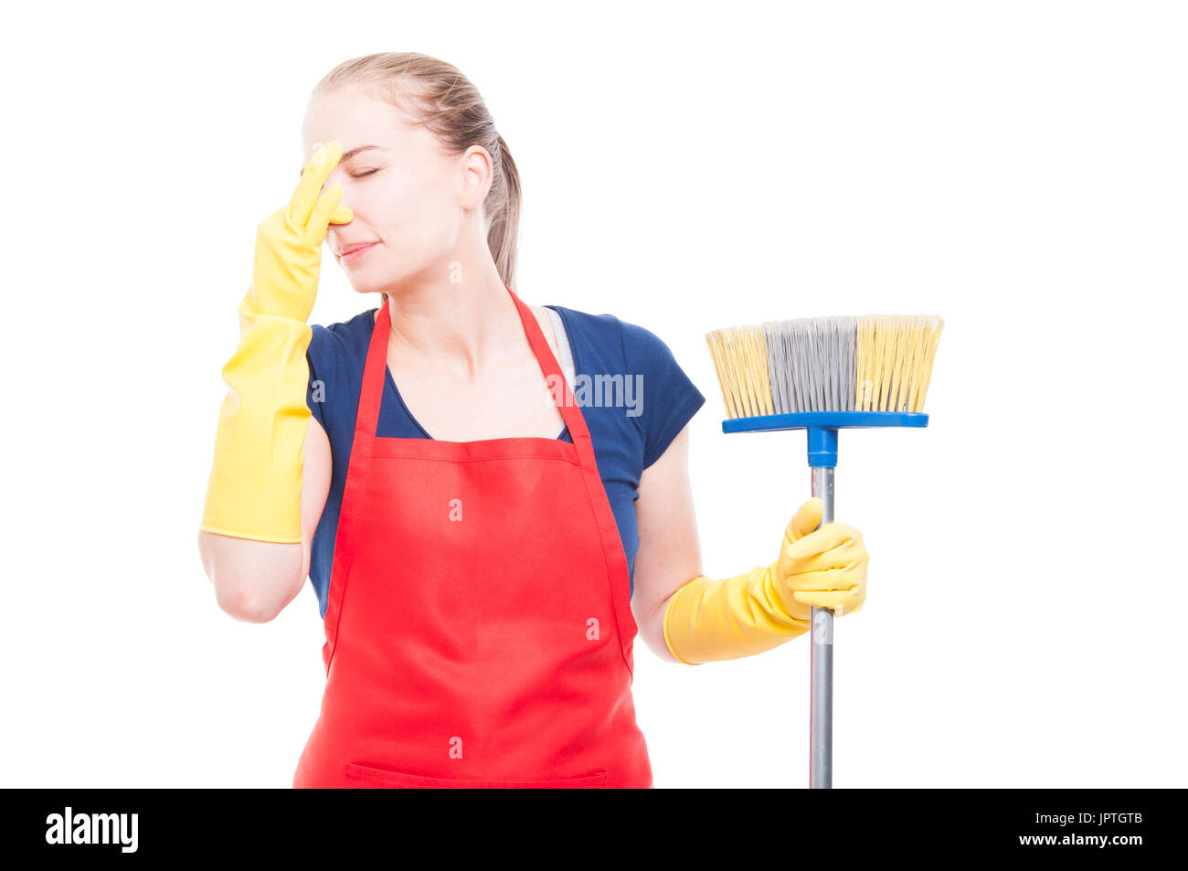 Attractive young cleaner showing like sign and cleaning the window on ...