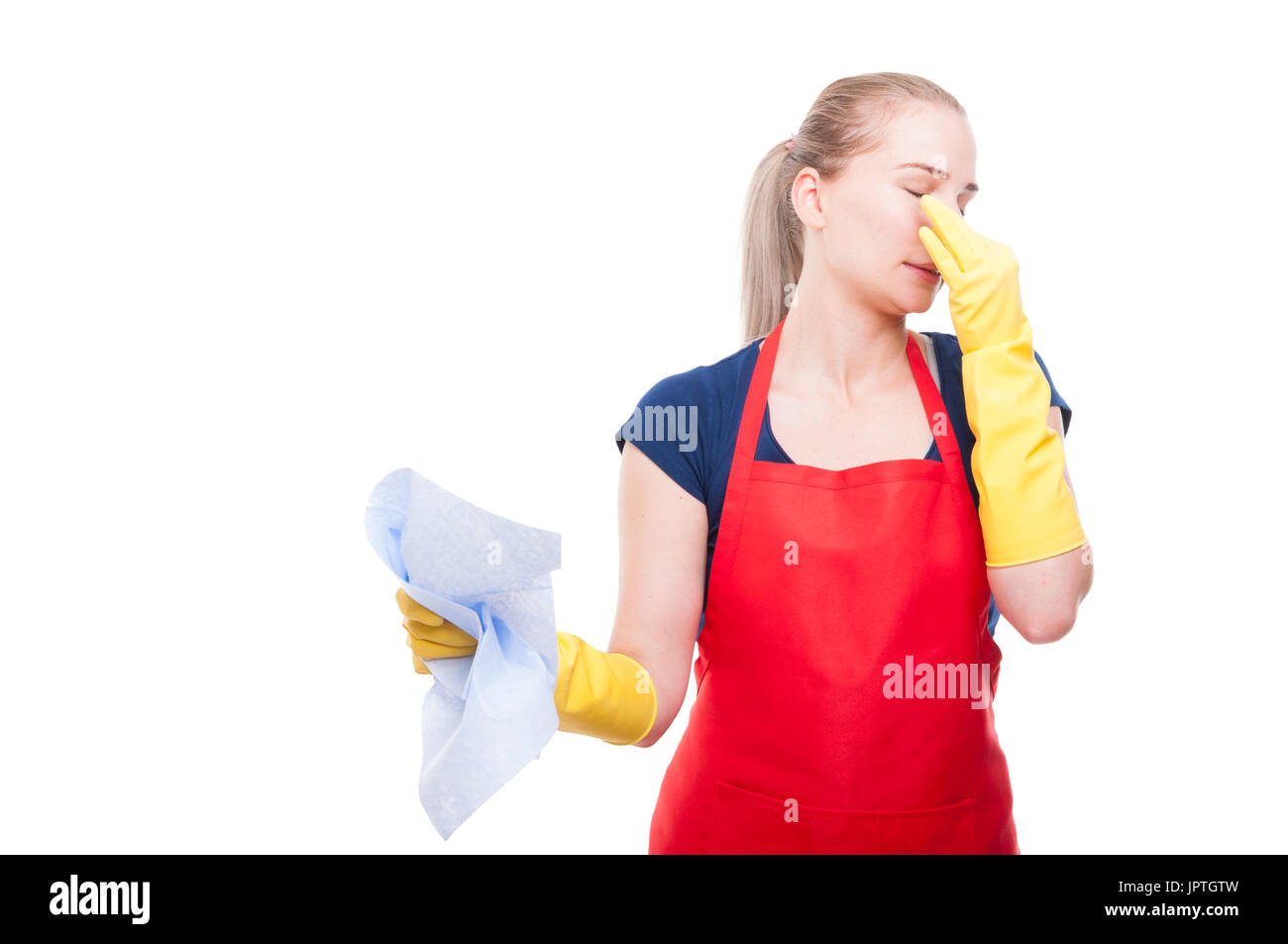 Disgusted woman holds dirty rag and pinching nose as dirt smell hygiene ...