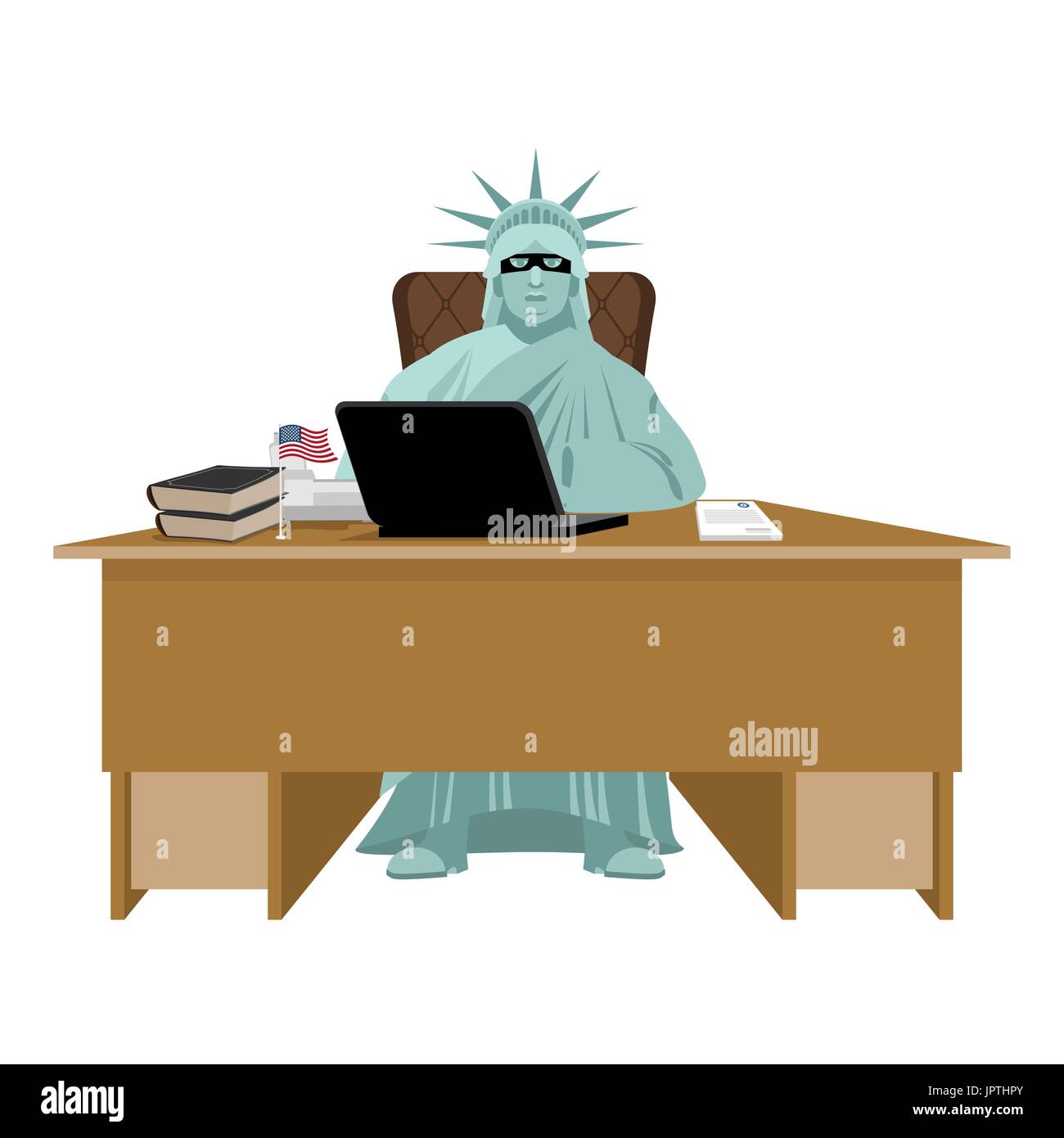 American hacker. computer thief from USA. Statue of Liberty in mask and ...