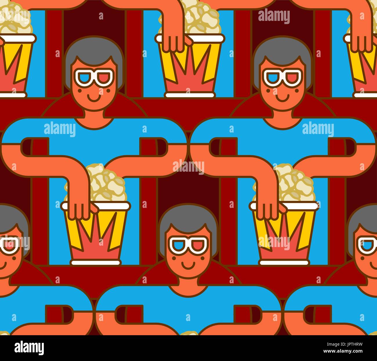 Cinema seamless pattern. Spectator in stereo glasses and popcorn ...
