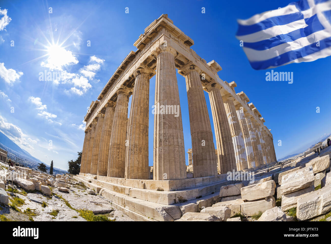 Parthenon temple with Greek flag on the Athenian Acropolis, Greece ...