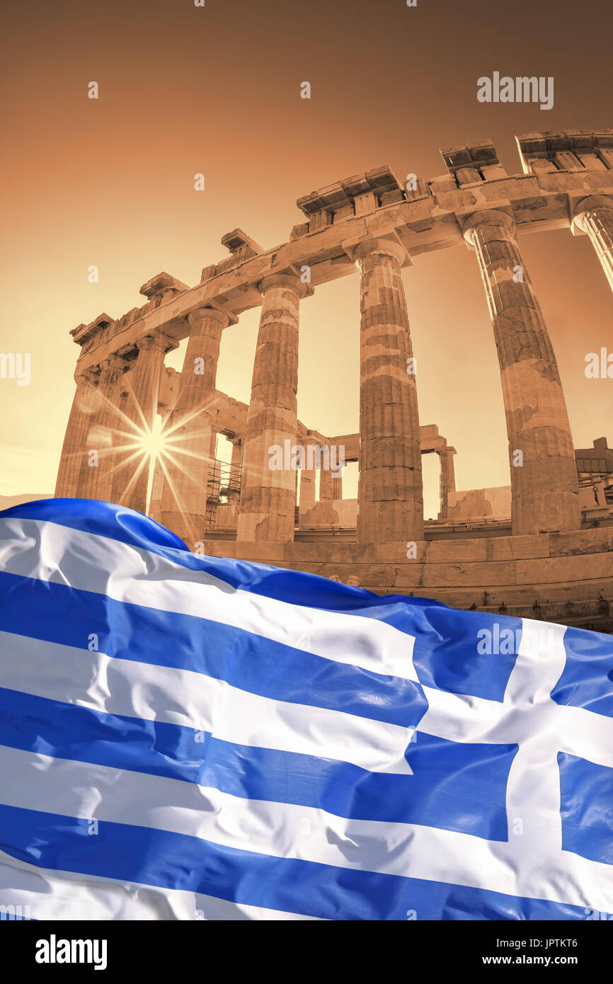 Parthenon temple with Greek flag on the Athenian Acropolis, Greece ...