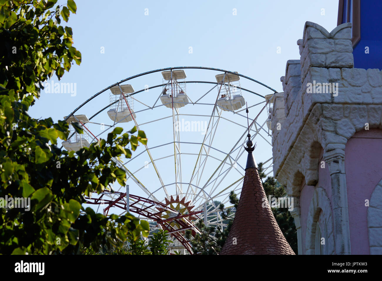 Panoramic wheel . Underside view of a ferris wheel rotating downward ...