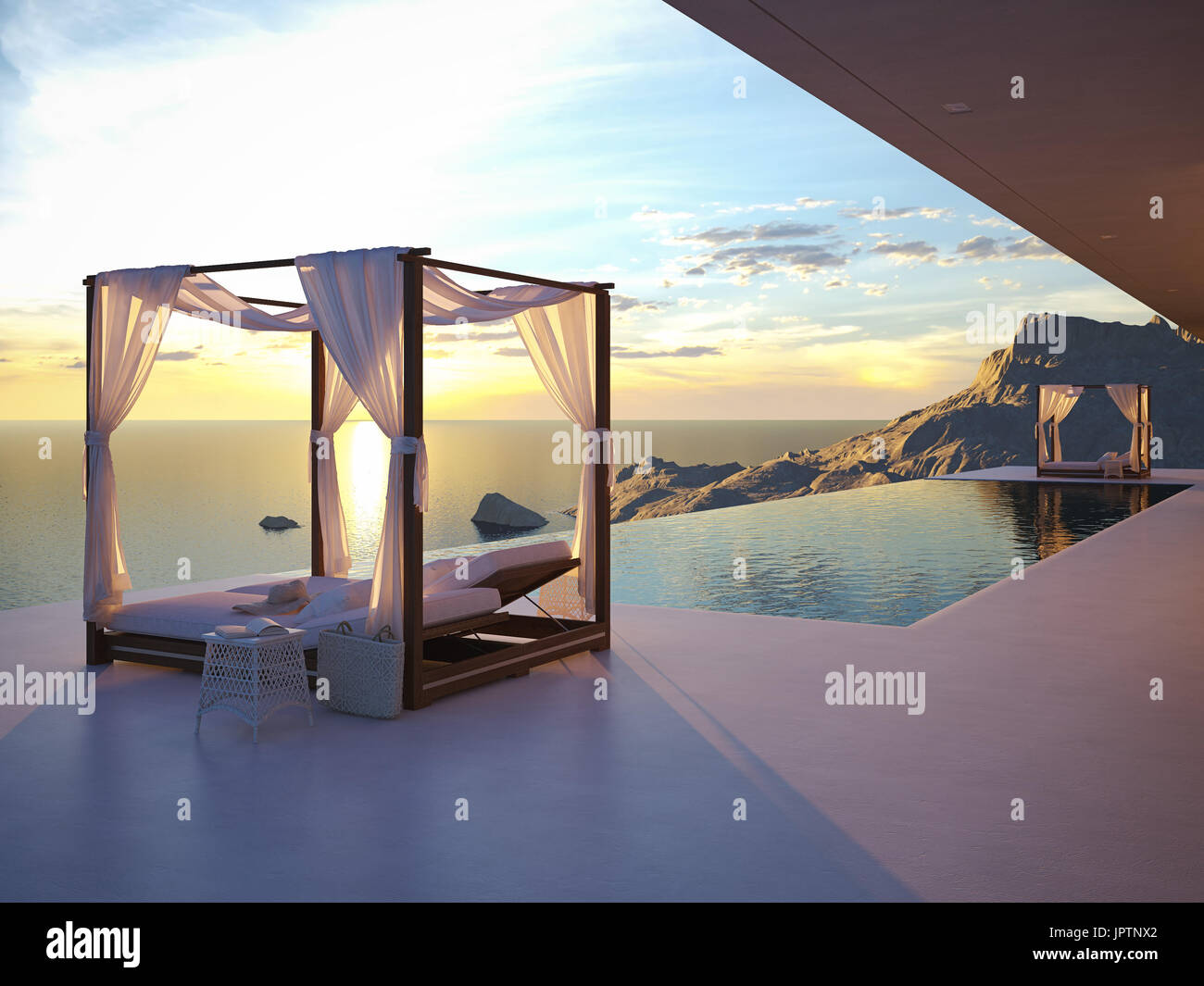 beautiful sunset at the infinity pool. 3d rendering Stock Photo - Alamy