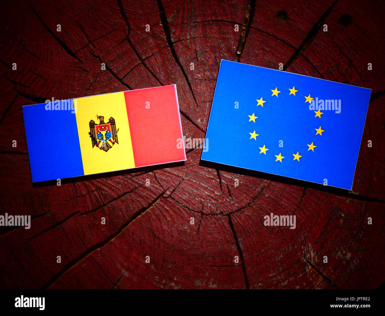 Moldovan flag with EU flag on a tree stump isolated Stock Photo - Alamy