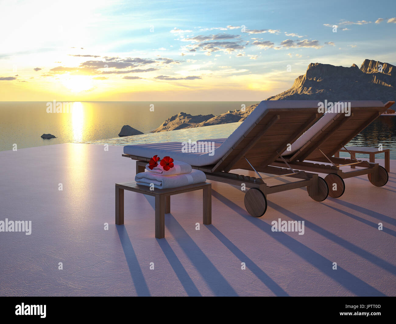 beautiful sunset at the infinity pool. 3d rendering Stock Photo - Alamy