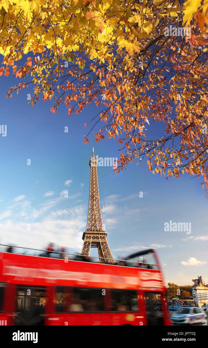 Paris, Eiffel tower with red bus in France Stock Photo - Alamy