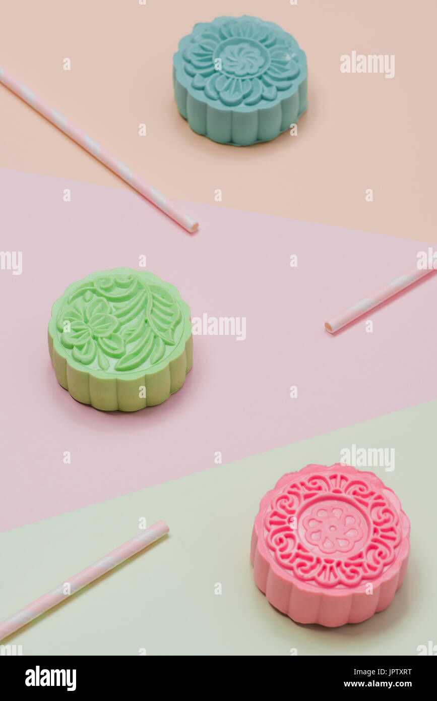 Table party setting. Traditional mid autumn festival colorful mooncakes ...