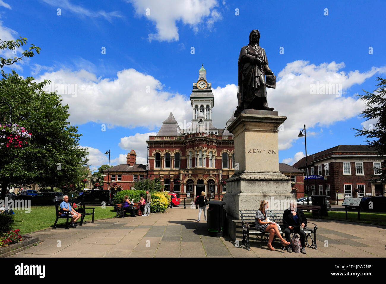 Statue of Sir Issac Newton and the Guildhall, Town hall of Grantham ...
