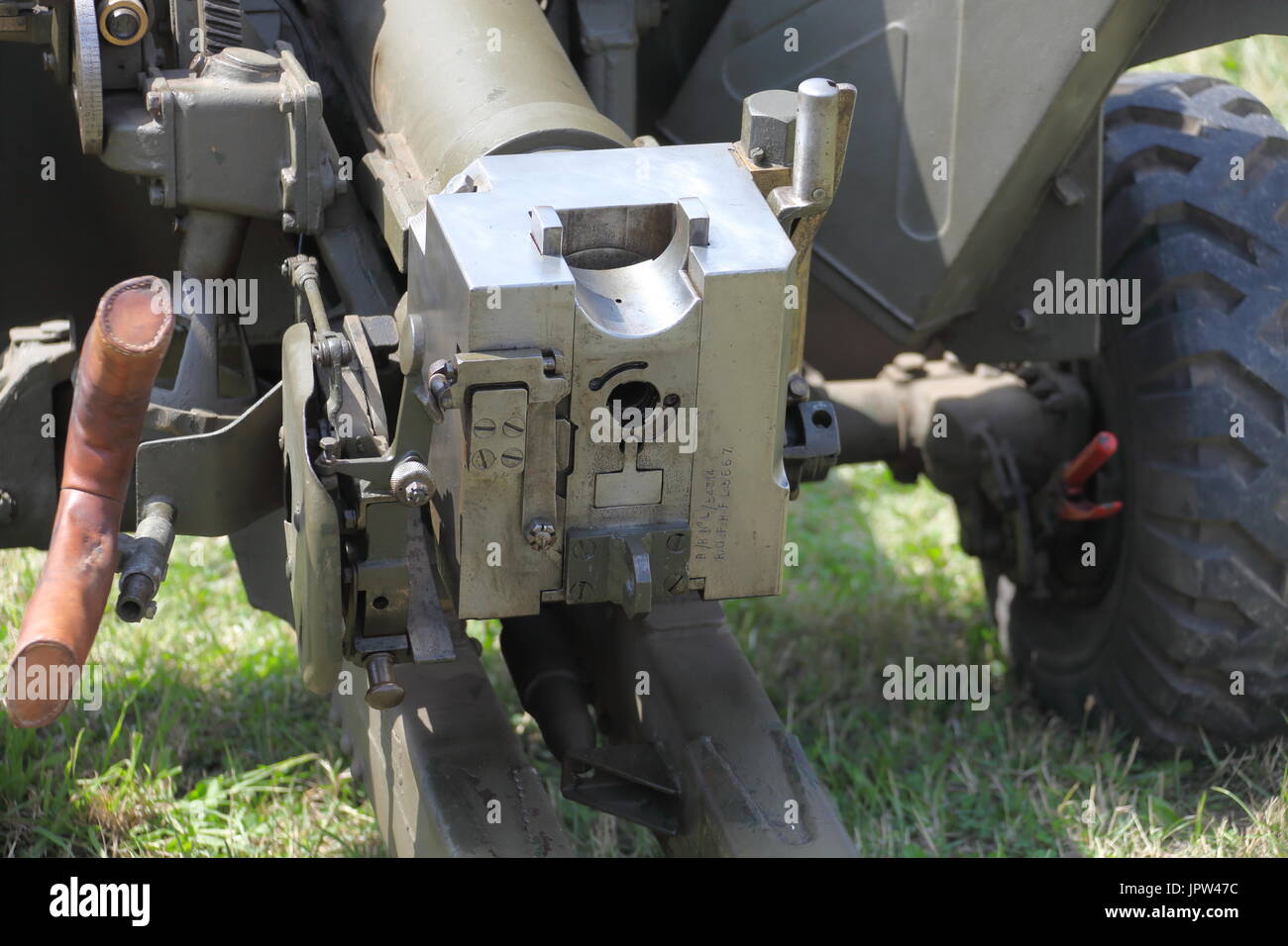 The breech end view of a 17 pounder wartime anti tank gun restored by a ...