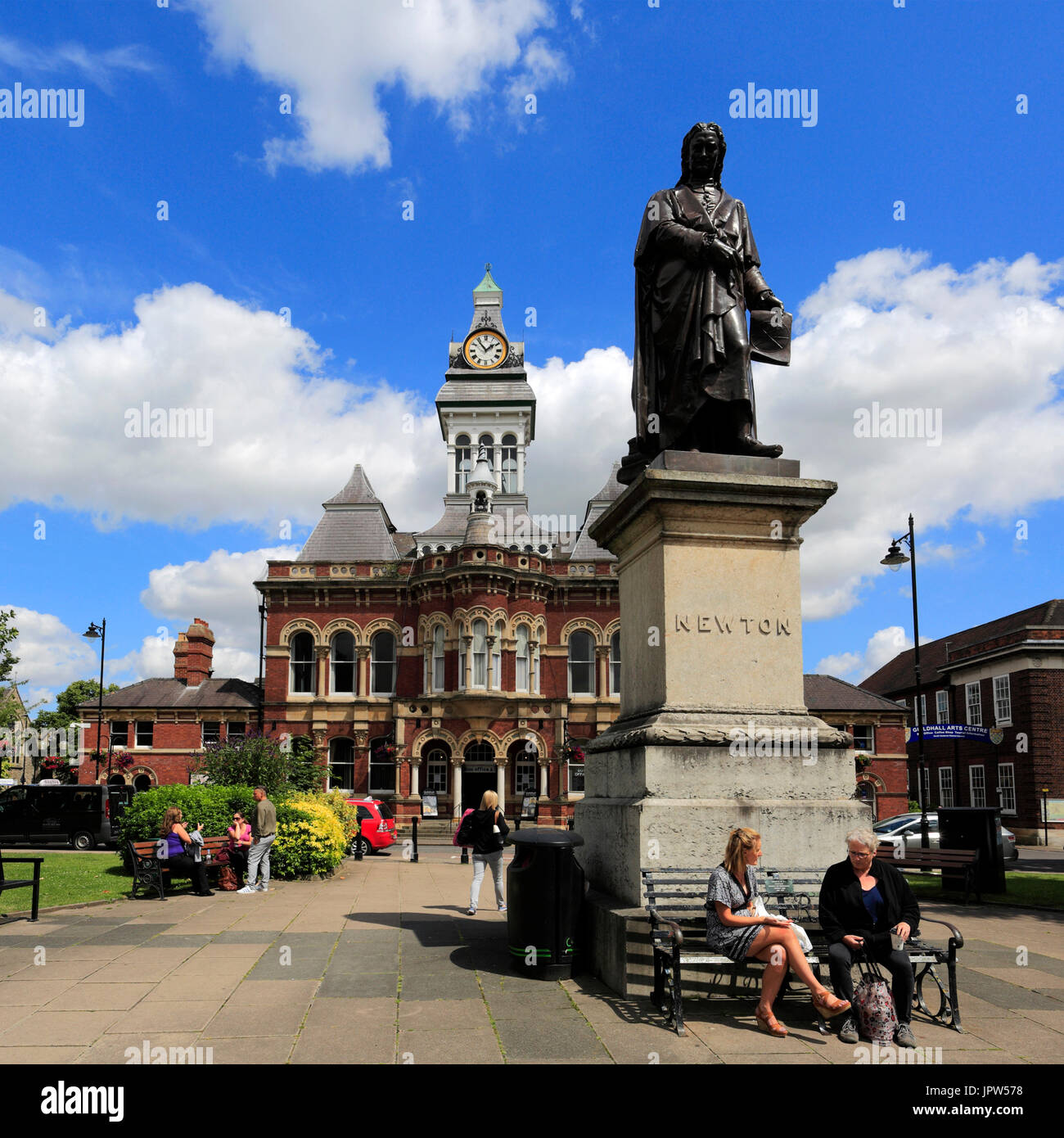 Statue of Sir Issac Newton and the Guildhall, Town hall of Grantham ...