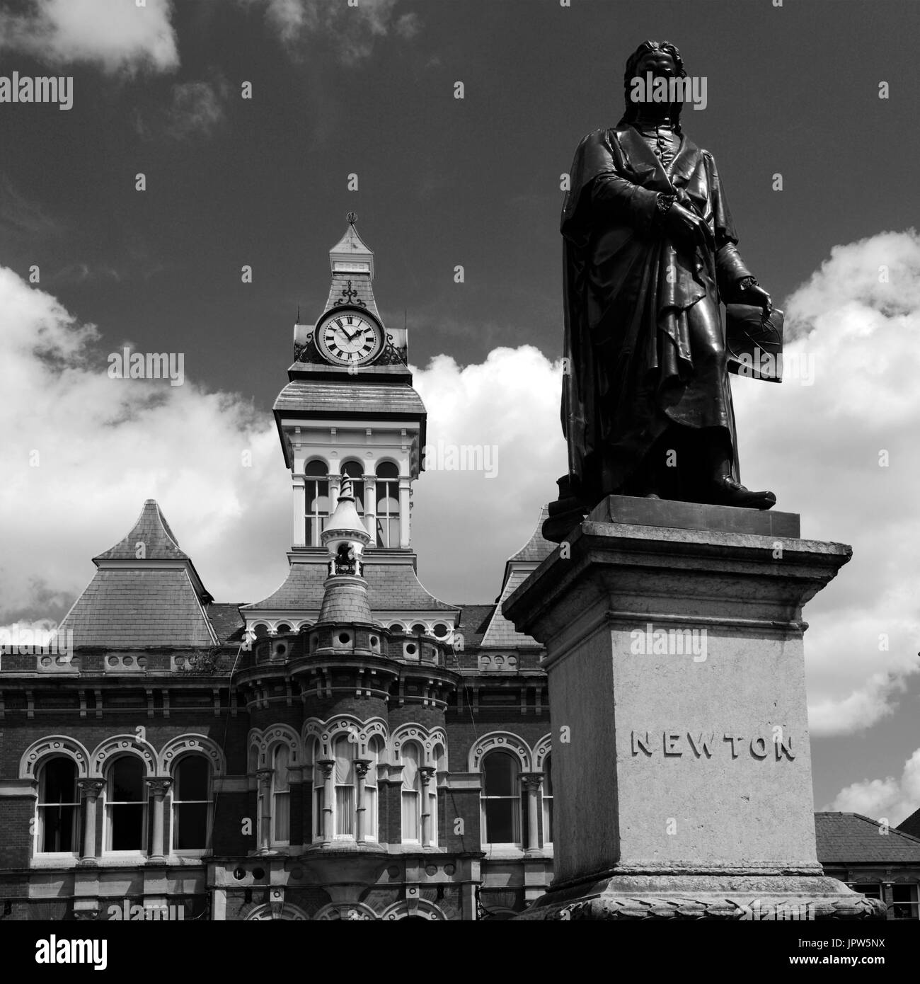 Statue of Sir Issac Newton and the Guildhall, Town hall of Grantham ...
