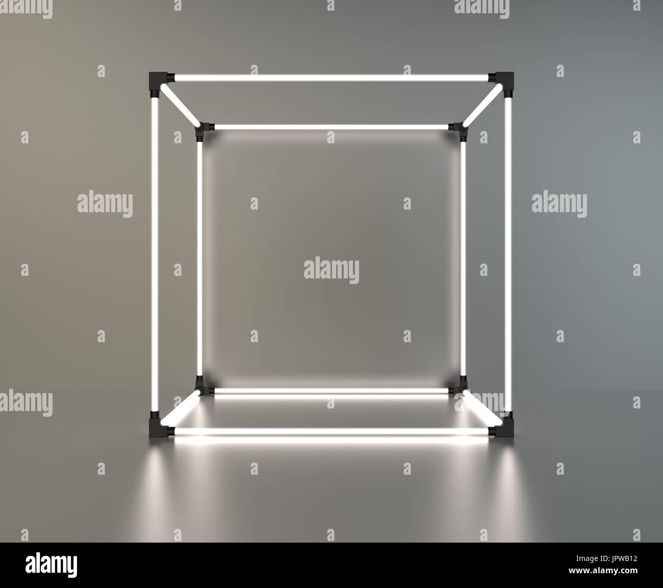 Glowing cube showcase on gray reflection background. 3d rendering Stock ...