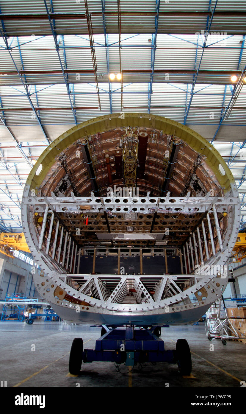 Airbus A330 fuselage centre section on a trolley on the production-line ...