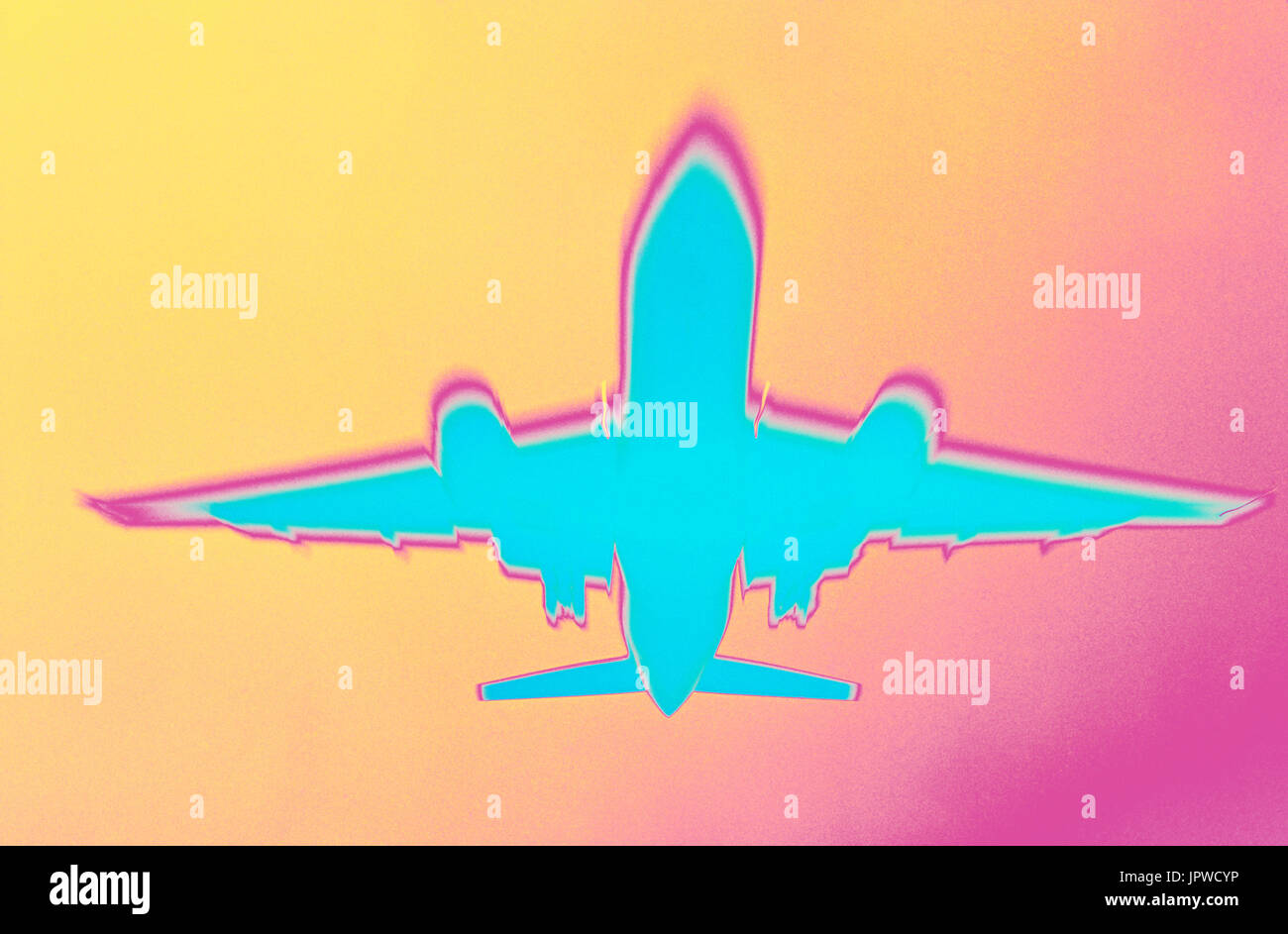 colourised yellow blue pink and motion-blurred image of a Boeing 777 ...