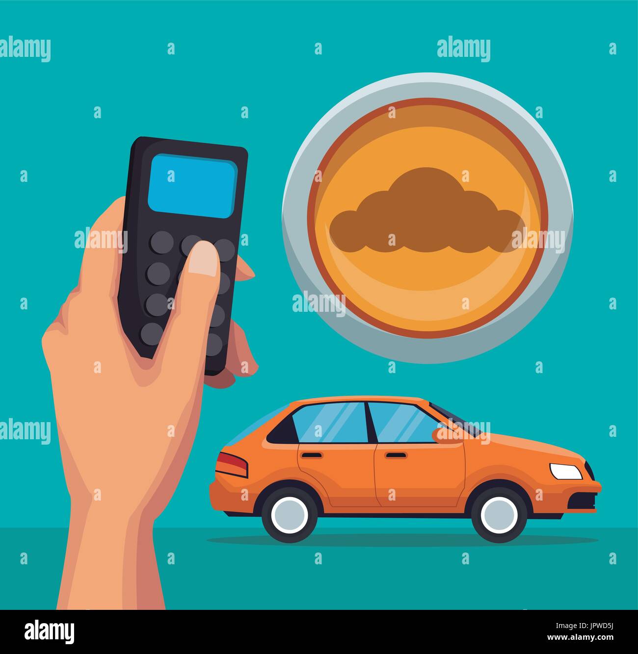 color background of classic car and remote control with button cloud ...