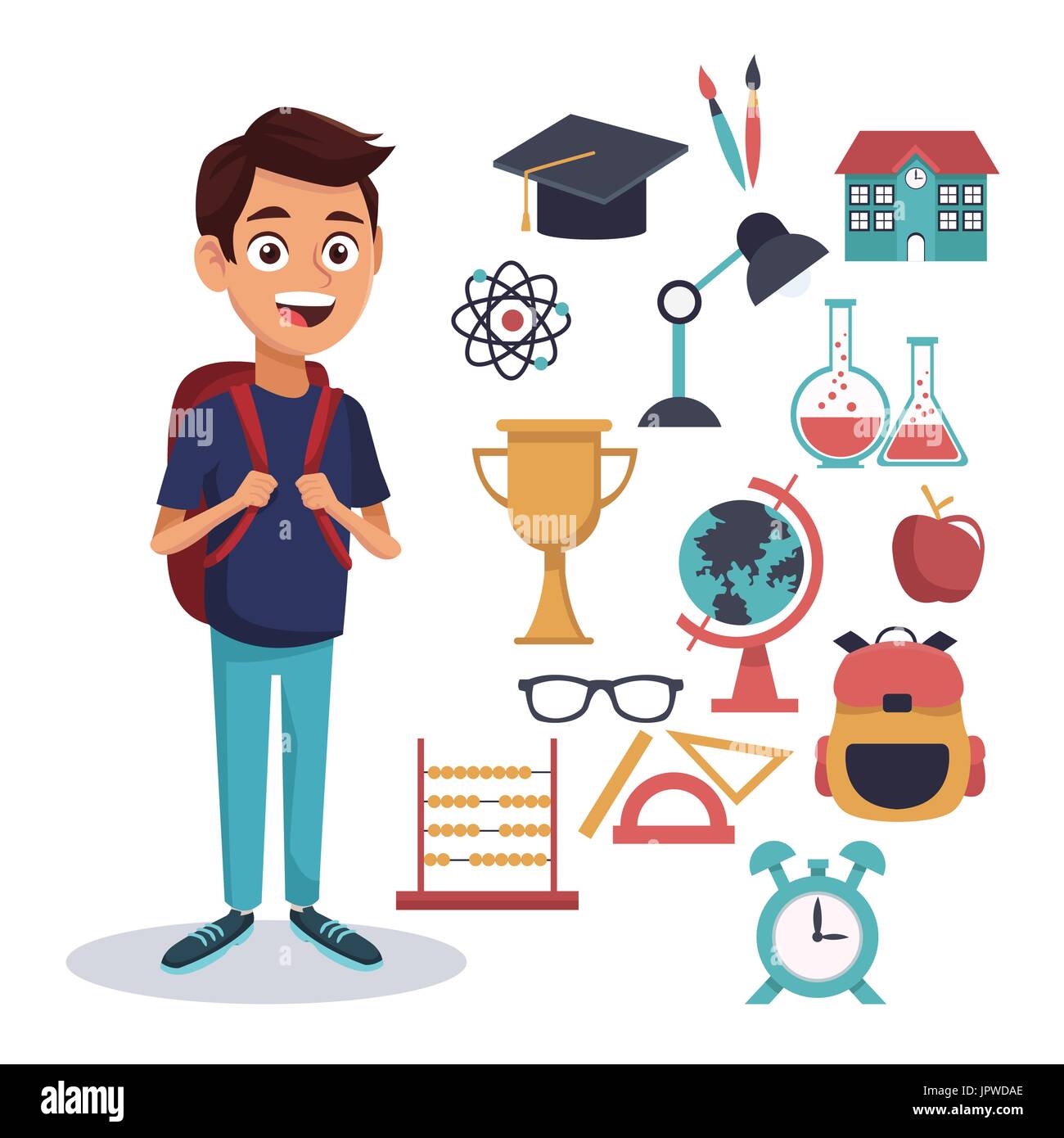 white background with colorful boy student standing full body with bag ...