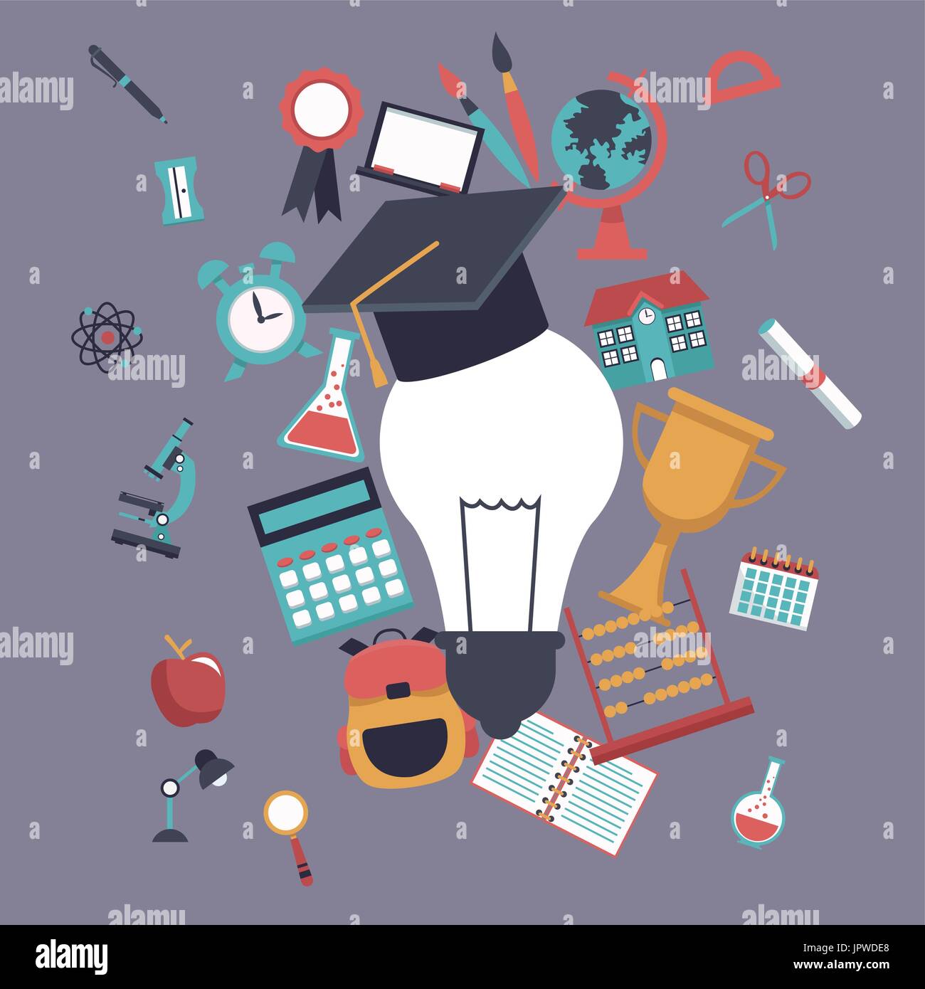 color background with light bulb with graduation cap and set school ...