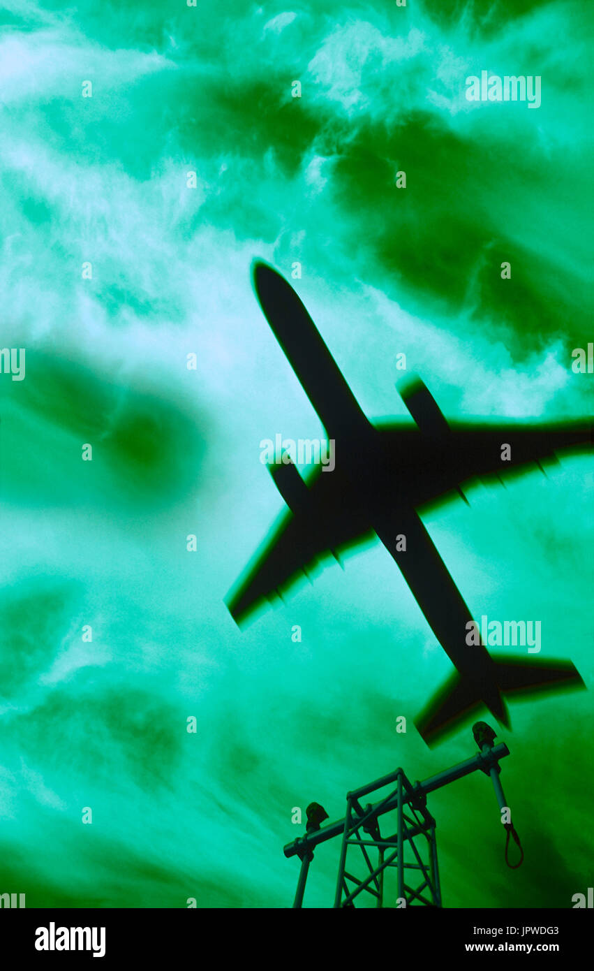 Boeing 757-200 colourised green image over approach-lights with clouds ...