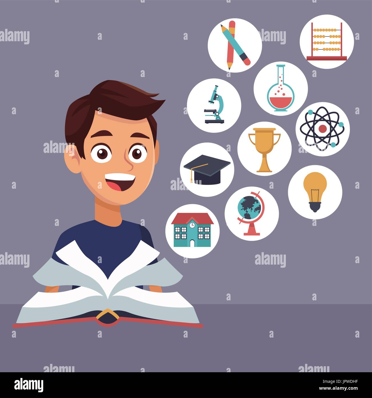color background with boy student with book in learning with elements ...