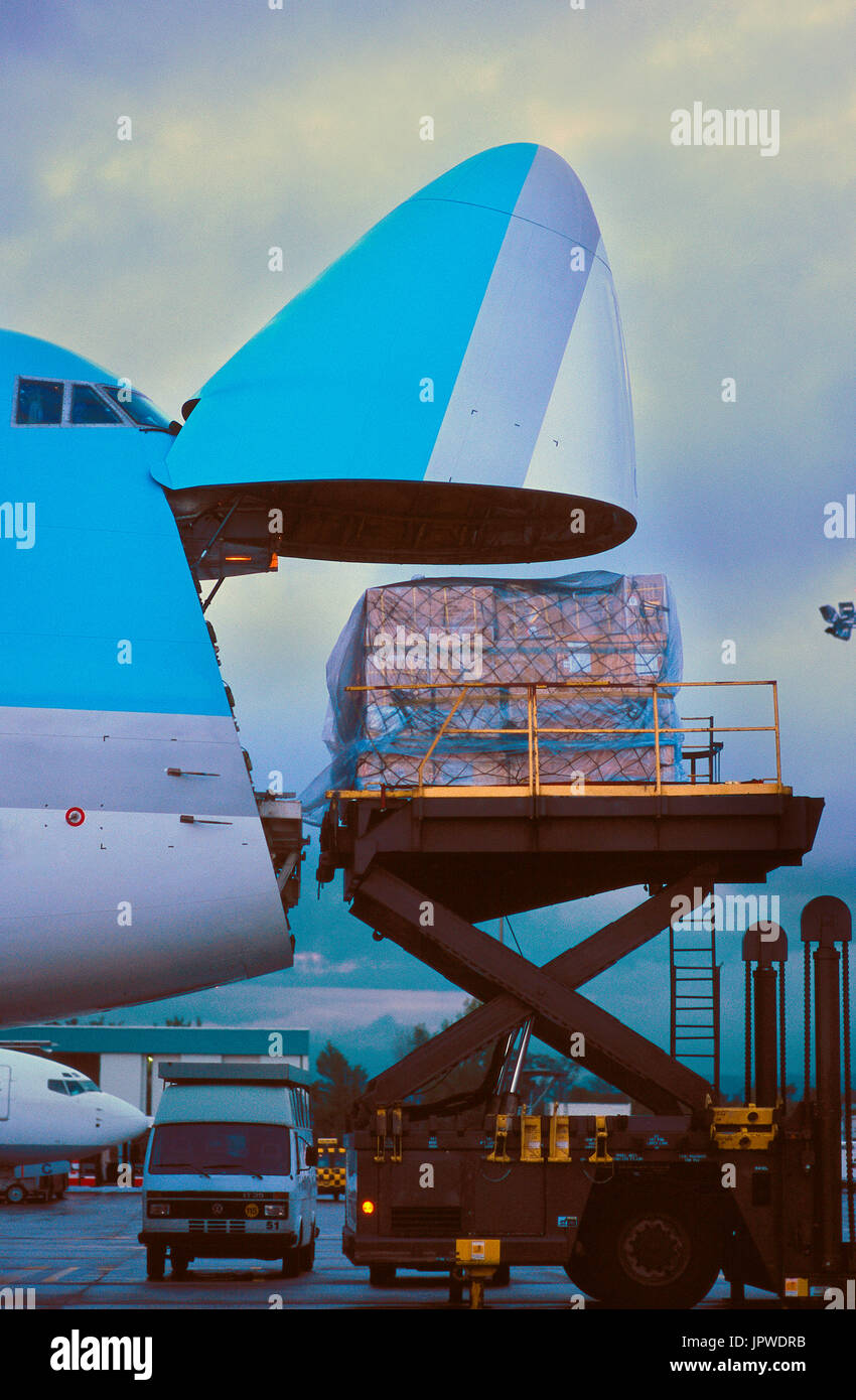 cargo being unloaded from a open nose cargo door a Boeing 747-200F at ...