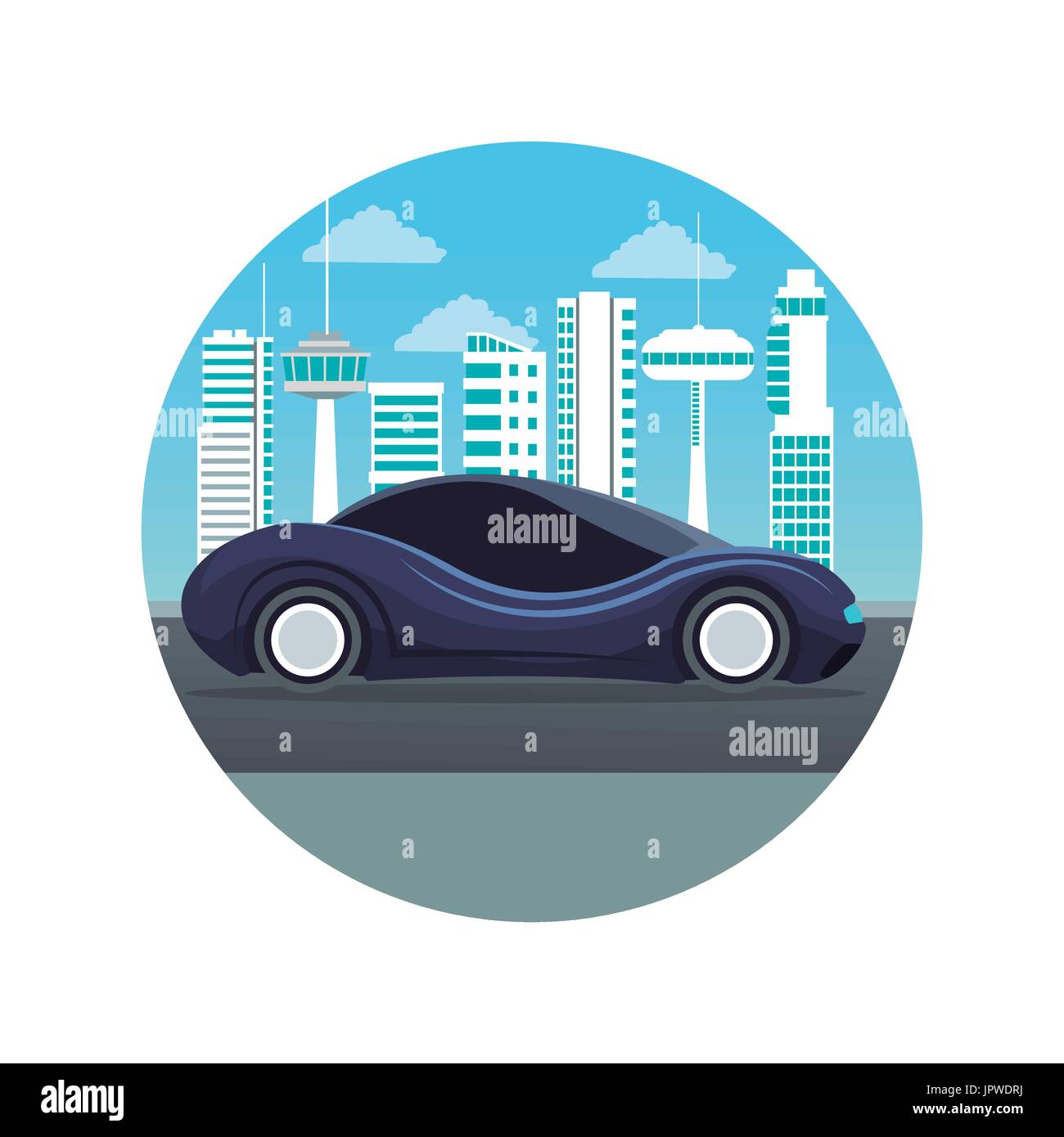 white background with circular frame futuristic city landscape ...