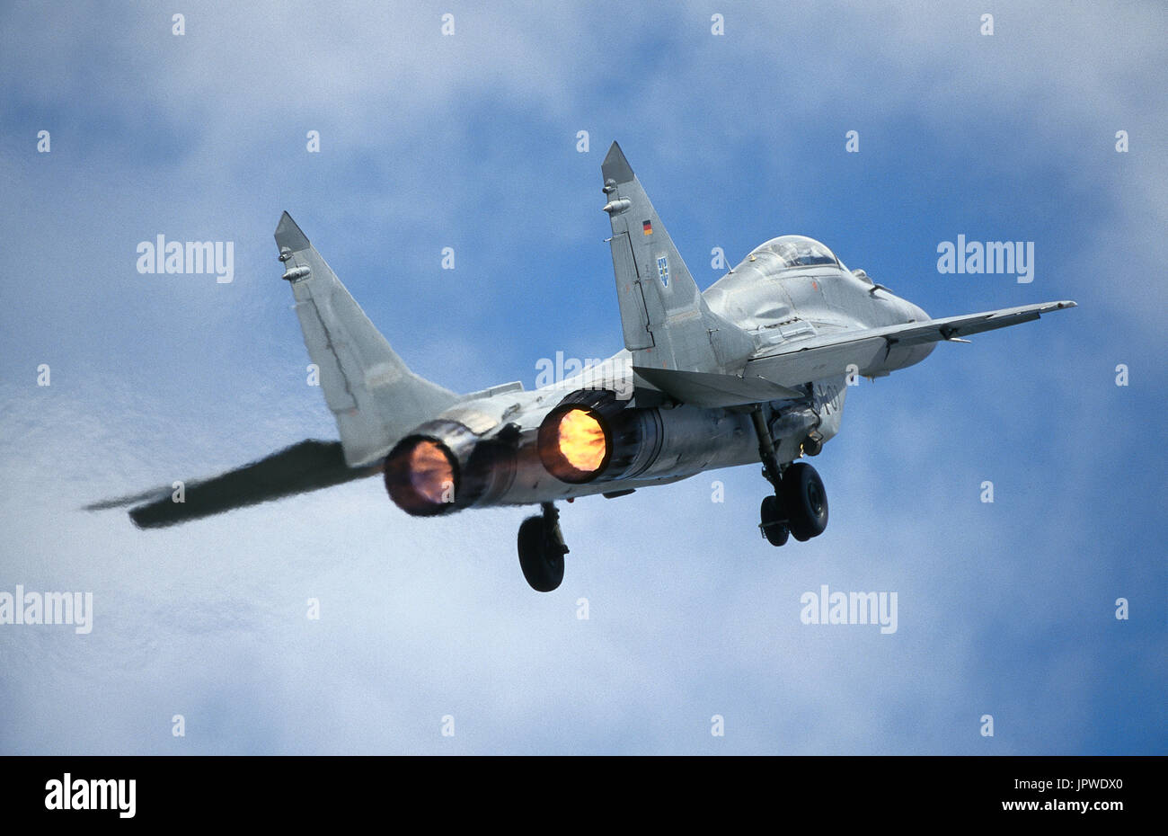 German AirForce Mikoyan MiG-29 Fulcrum taking-off with afterburners blazing in the flying ...