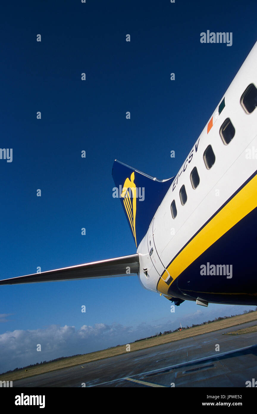 tail-fin with logo, horizontal-stabiliser and rear fuselage of Ryanair ...