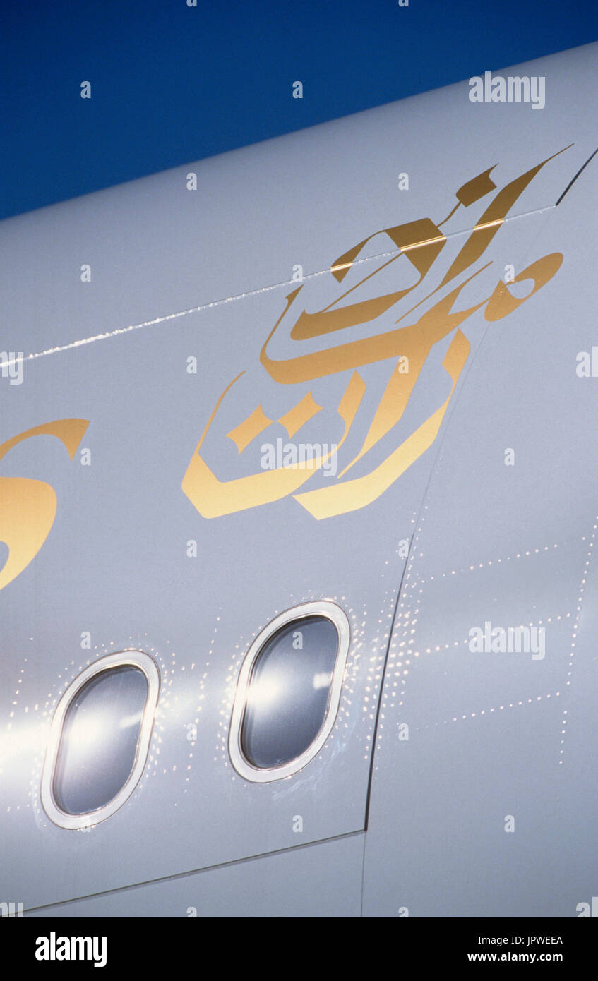 Emirates Airlines titles on the fuselage of an Airbus A330-200 Stock ...