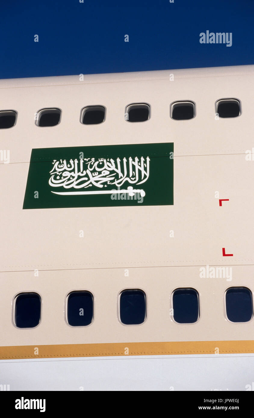 fuselage windows and flag of a Saudi Arabian Airlines Boeing 747-400 ...