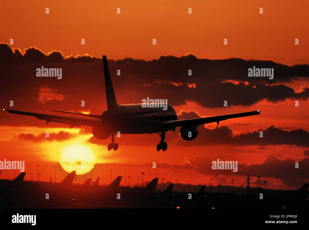 Boeing 757 landing at sunset with a row of airliner tails parked behind ...