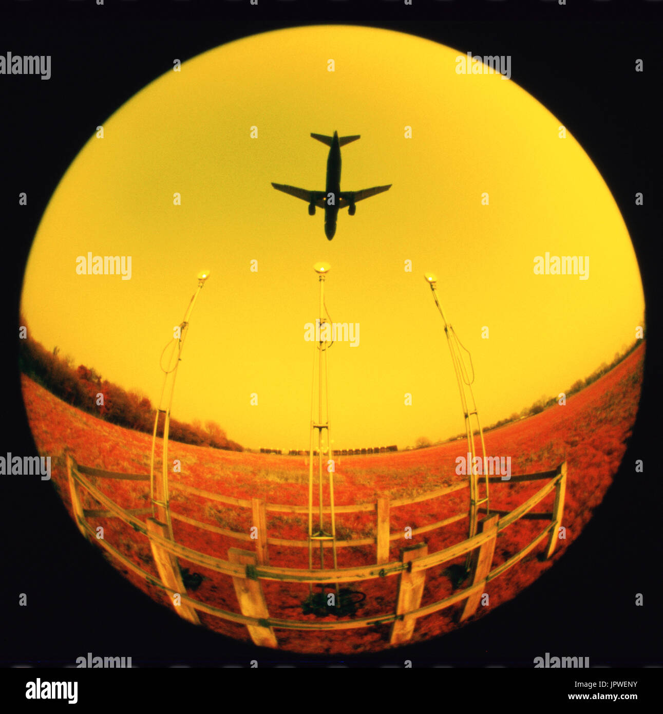 runway approach-lights with a Airbus A320 on final-approach, colourised ...