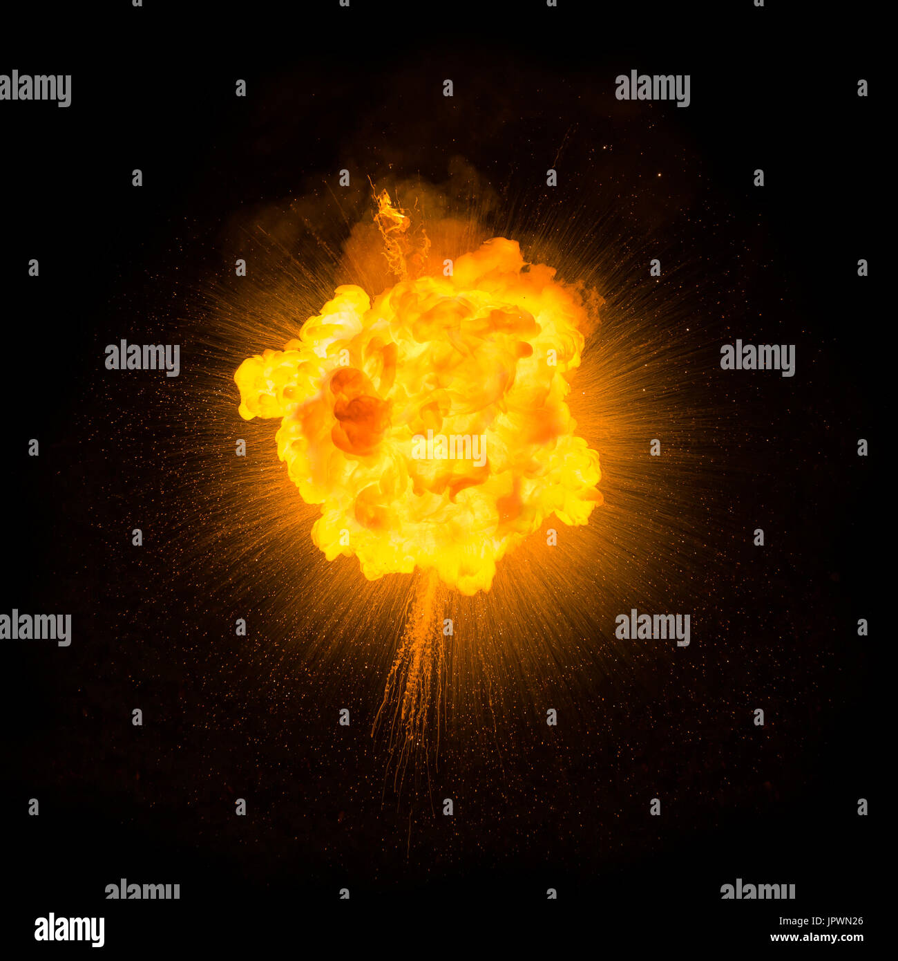 Realistic fiery explosion with sparks over a black background Stock ...