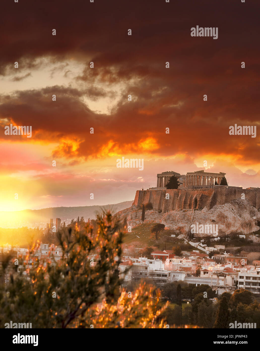 Acropolis with Parthenon temple against sunset in Athens, Greece Stock ...