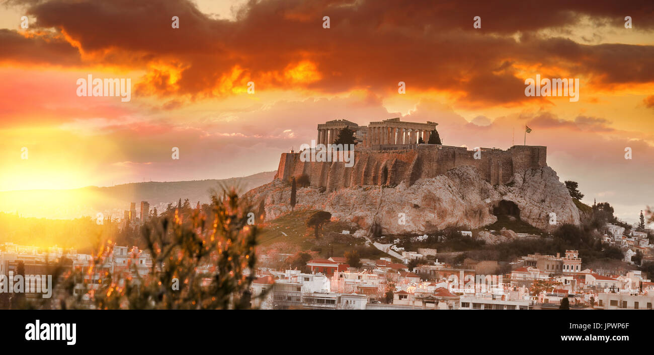 Acropolis with Parthenon temple against sunset in Athens, Greece Stock Photo - Alamy