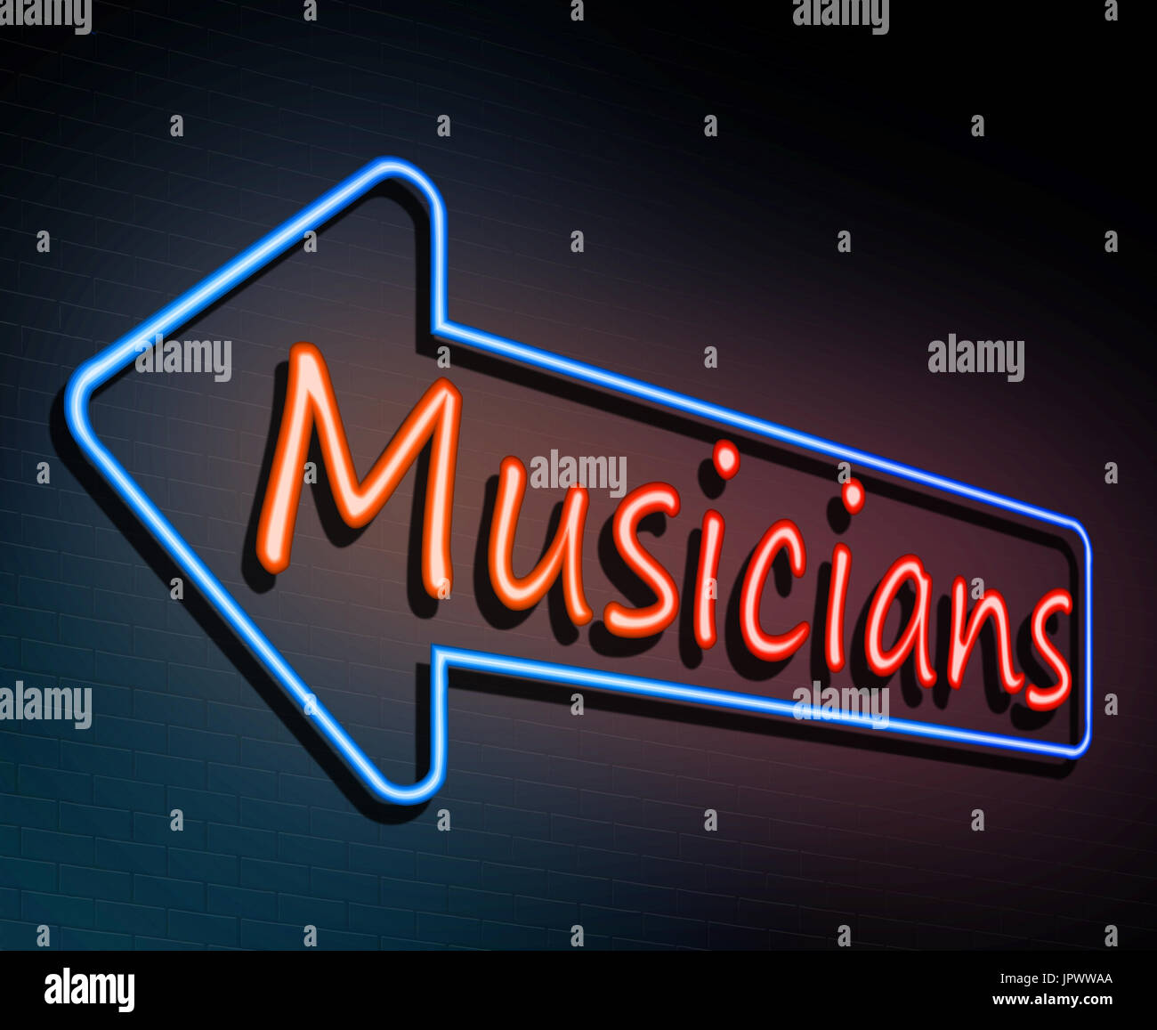 3d Illustration depicting an illuminated neon sign with a musicians ...