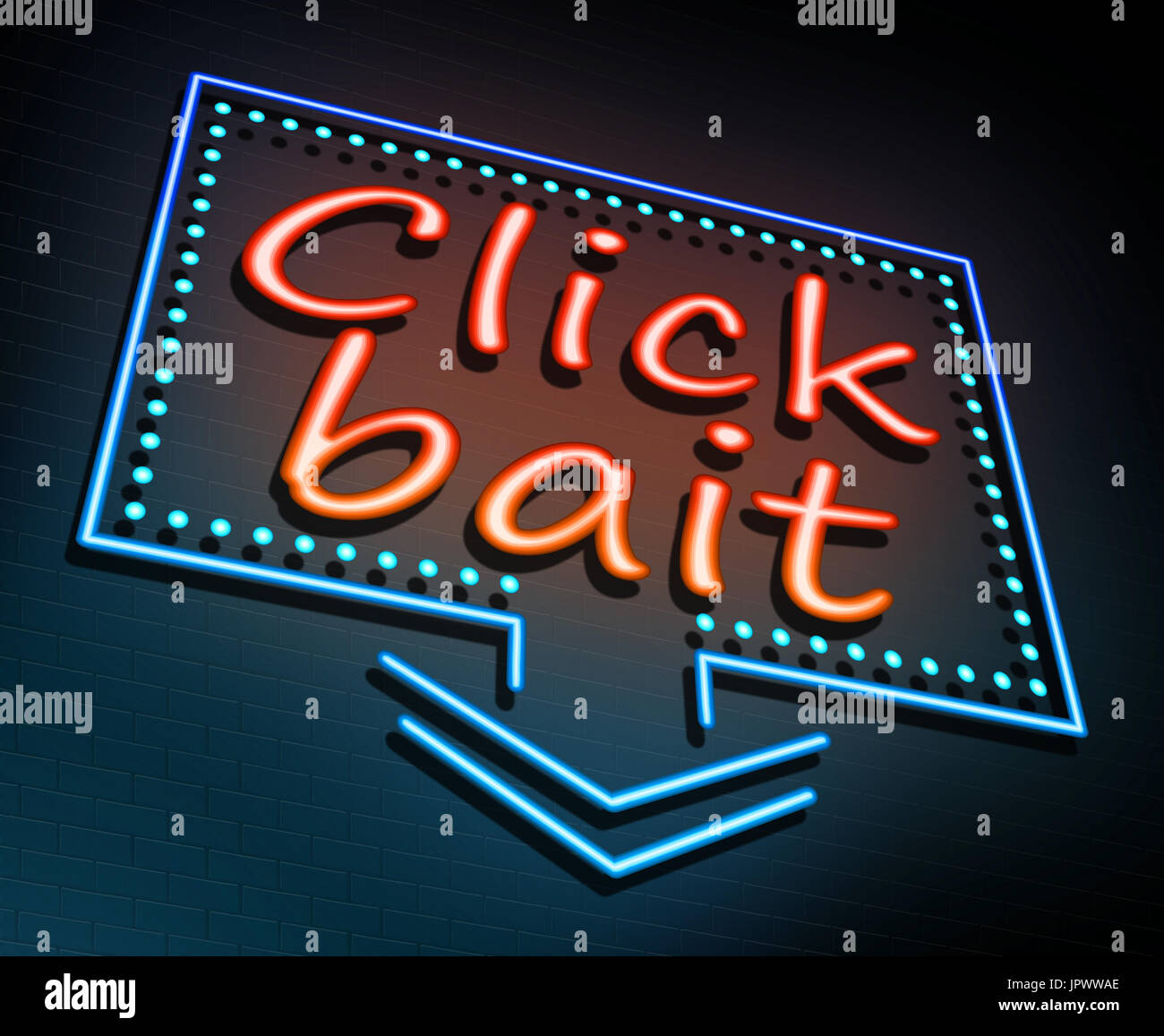 3d Illustration depicting an illuminated neon sign with a click bait ...