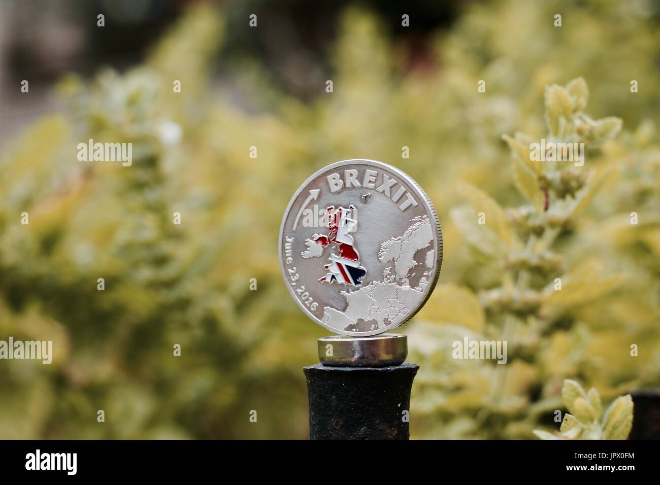 Europe leaving. Silver brexit coin with british map on green natural ...